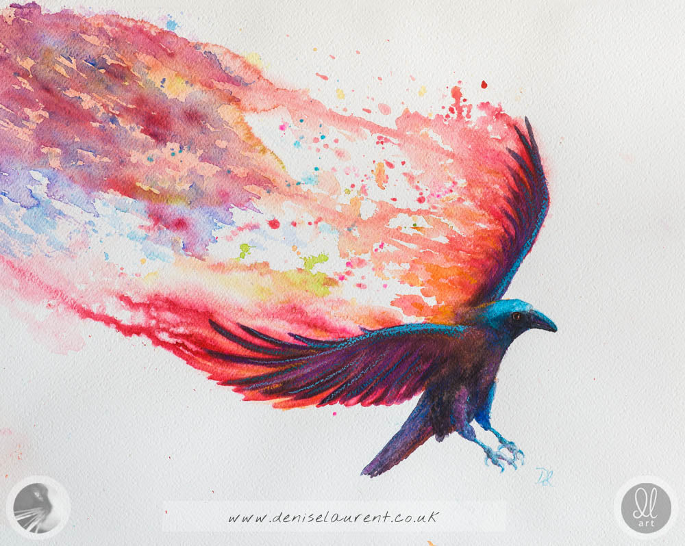 Wings Of Fire -16x12" Watercolour Painting Of A Flying Crow - Denise ...